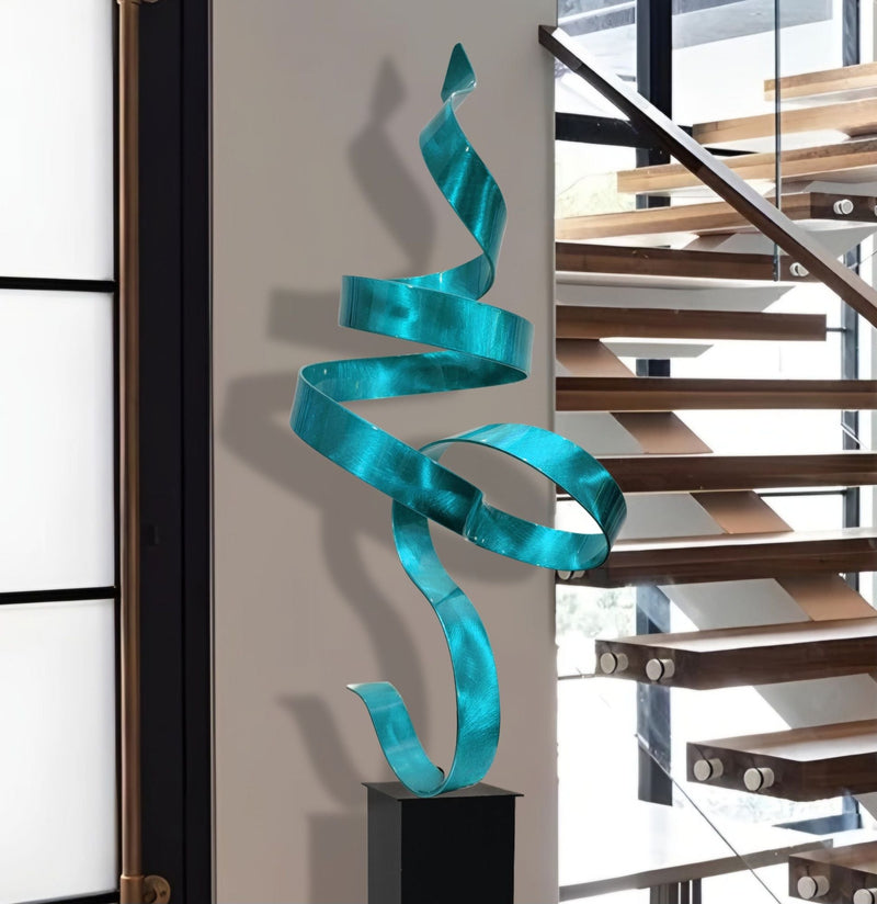 Abstract Metal Garden Sculpture by Jon Allen - Teal Perfect Moment