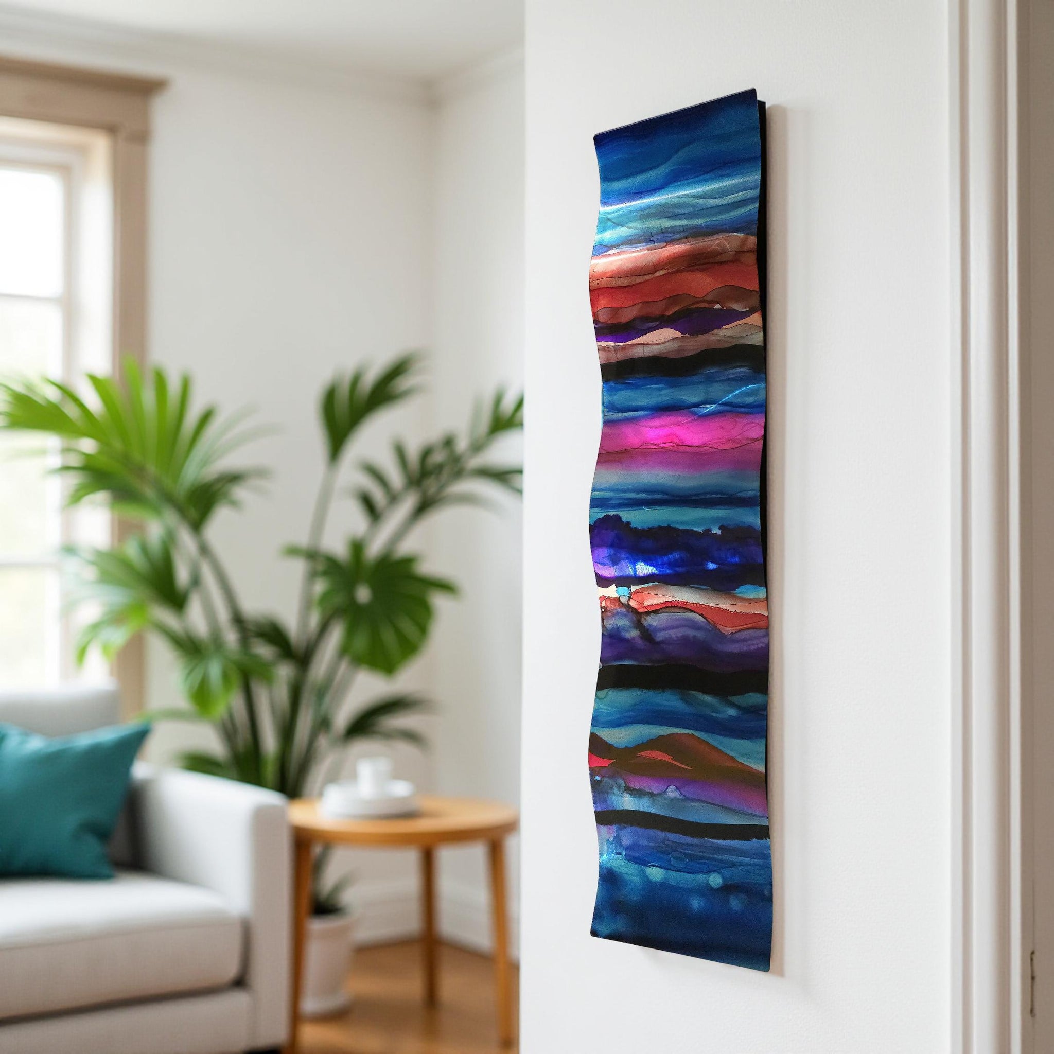 Oceanic Dreamscape Abstract Metal Wall Art 10x46 - Vibrant Blue Purple