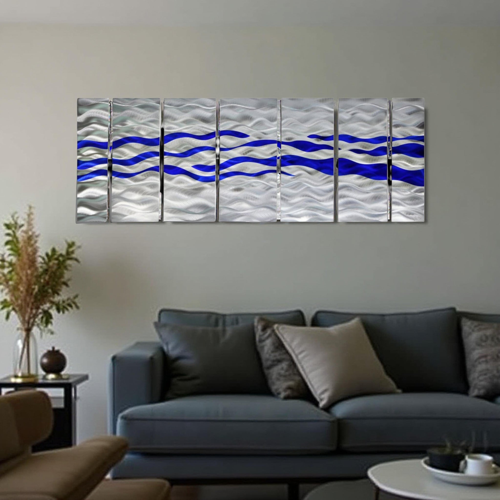 Infinite Waves 7-Panel Metal Wall Art 68"x24" – Hand-Textured Cobalt ...