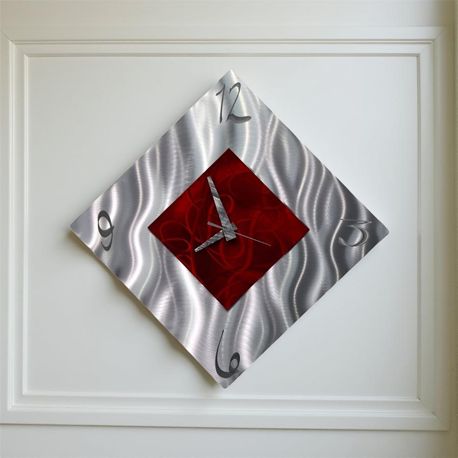 Ruby Moment Metal Wall Clock 12"x12" – Hand-Textured Ruby Red & Silver ...