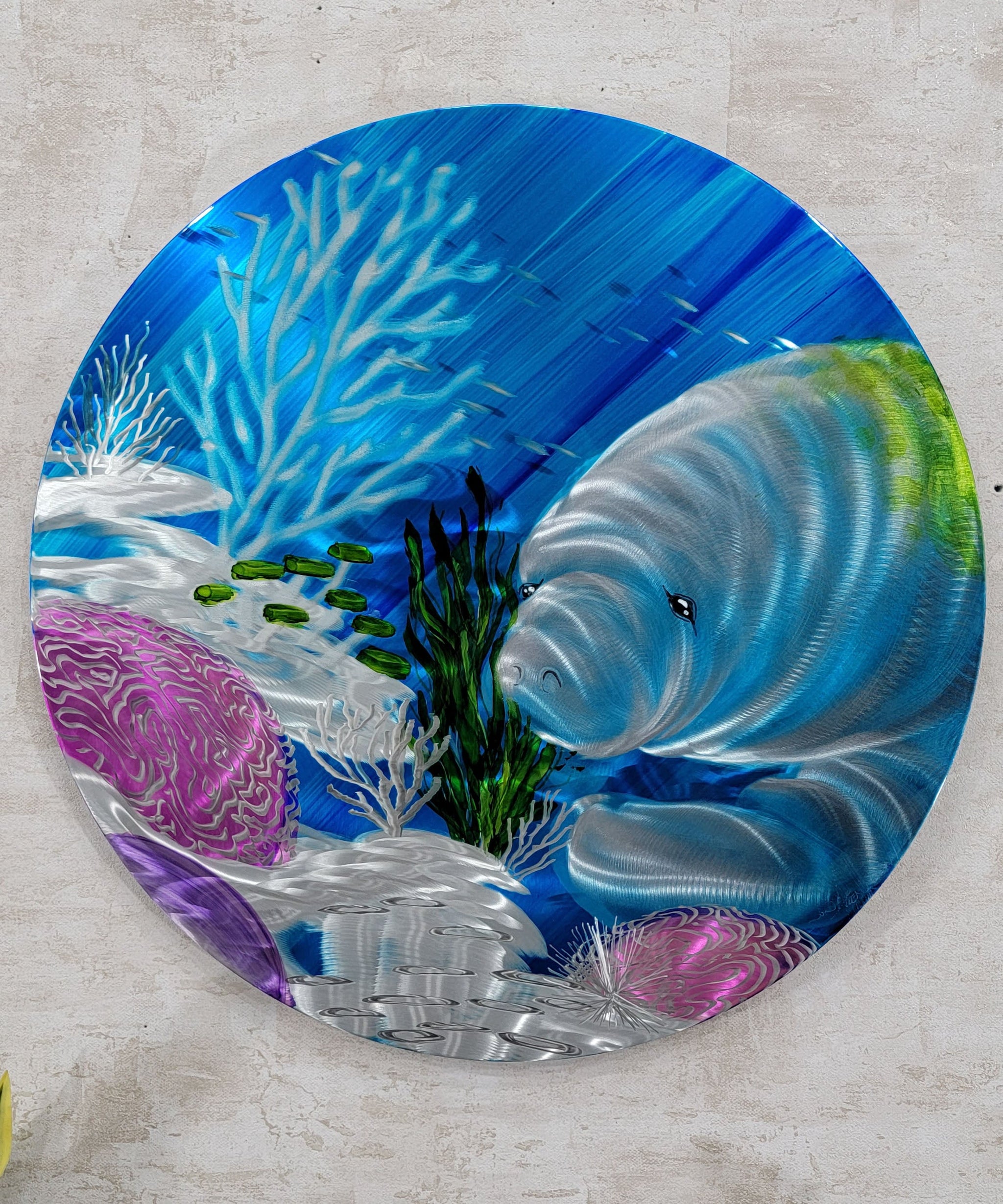 Manatee Circle - Ocean Scene, Tropical Hand-Painted Metal Wall Art